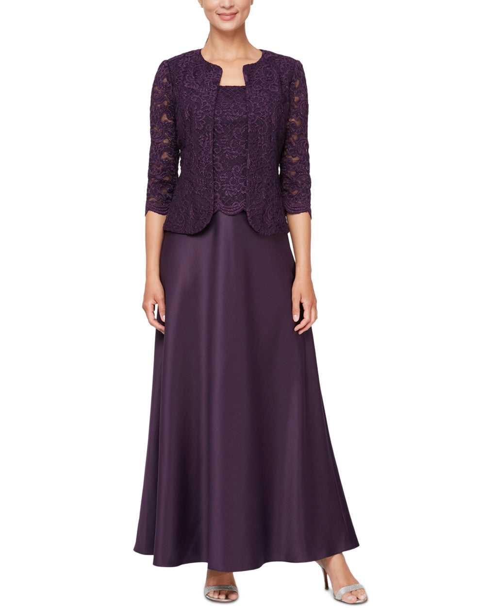 Vestido de festa feminino Alex Evenings com renda bordada e jaqueta, r ...
